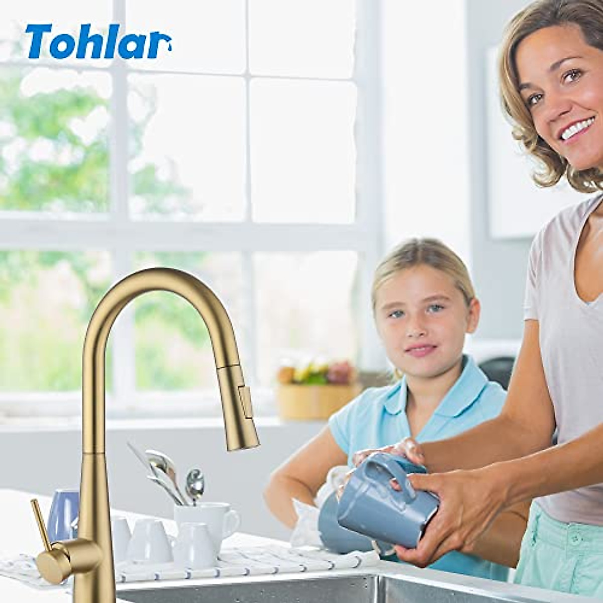 Tohlar Gold Kitchen Faucet, Kitchen Faucets with Pull Down Sprayer, Stainless Steel Single Handle Kitchen Faucet Fit for 1 or 3 Holes Kitchen Sink Faucet Gold Faucet for Kitchen Brushed Gold