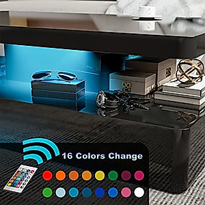 IKIFLY Modern High Glossy Black Coffee Table with 16 Colors LED Lights, Contemporary Rectangle Design Living Room Furniture, 2 Tiers