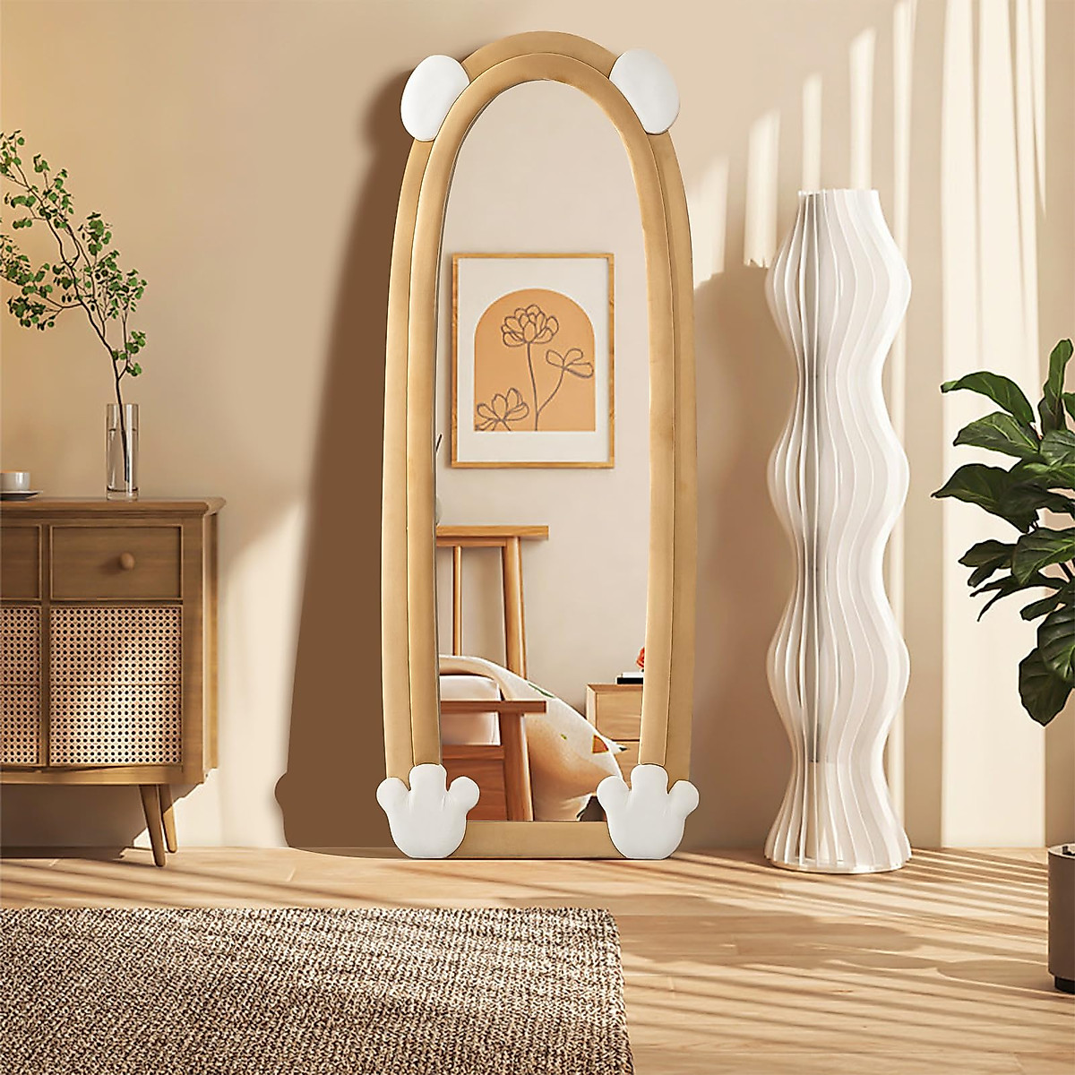 GOODONE Full Length Mirror,63"x24" Irregular Full Body Mirror for Bedroom Living Room, Floor Mirror Standing Hanging or Leaning Against Wall, Flannel Wrapped Wooden Frame,Bear