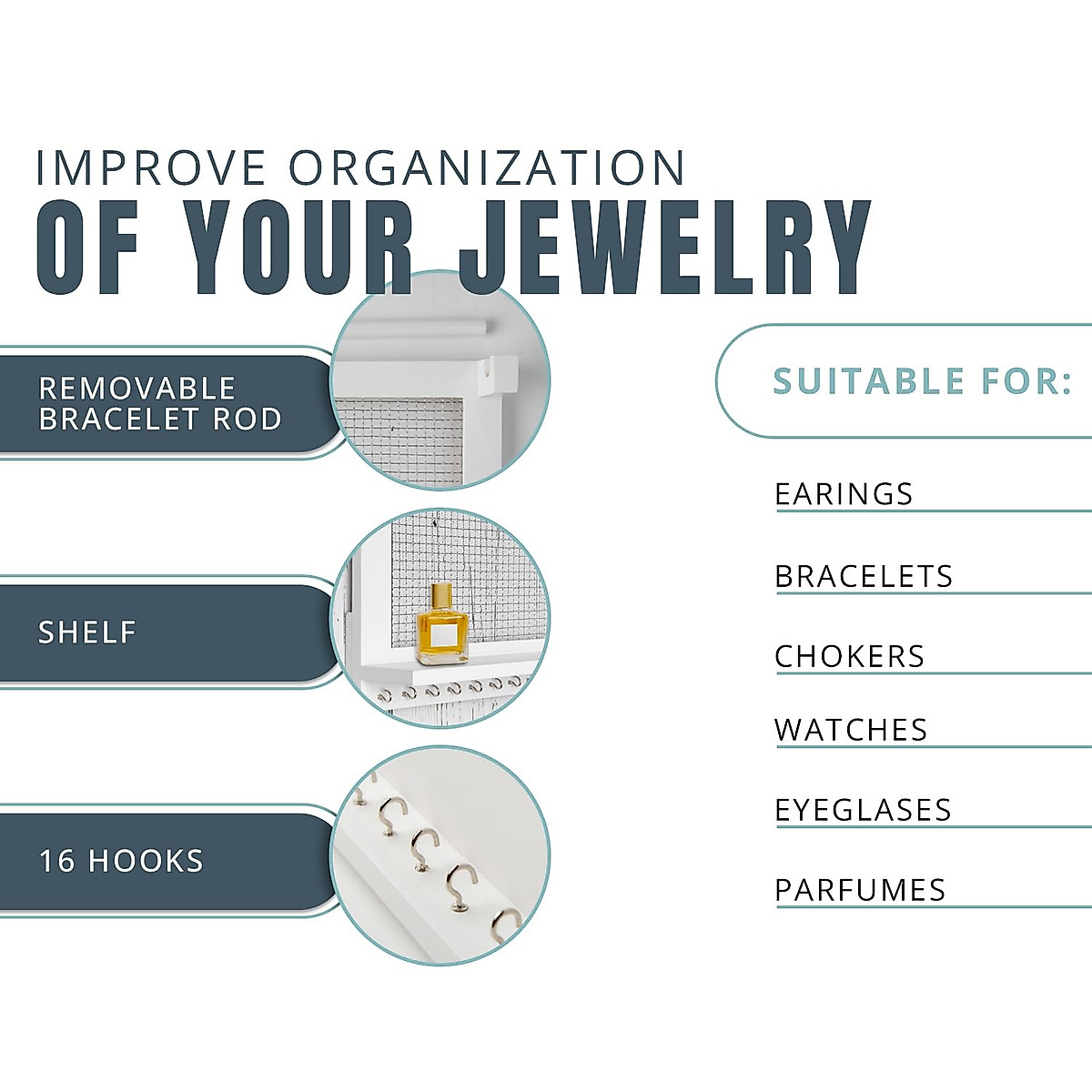 Comfify Rustic Jewelry Organizer - Wall Mounted Jewelry Holder w/Removable Bracelet Rod, Shelf & 16 Hooks - Perfect Earrings, Necklaces & Bracelets Holder - Pure White