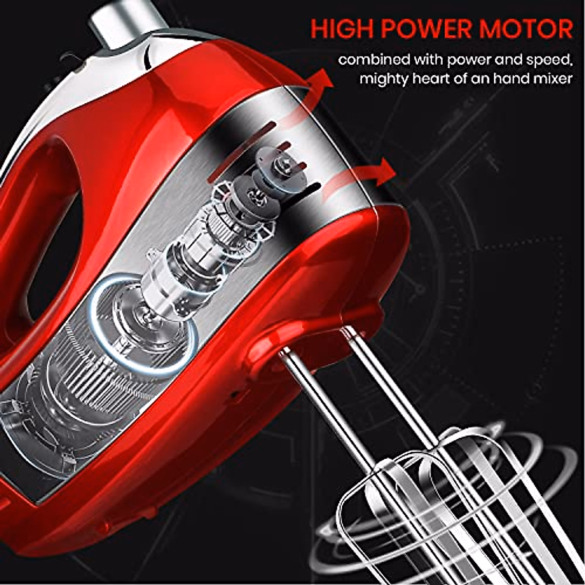 Hand Mixer Electric,HOMEJOY Upgrade 5-Speed Hand Mixer with Turbo,Kitchen Hand Held Mixer with Box,5 Stainless Steel Accessories, for Egg, Cake, Cream, Dough,Red