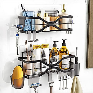 OPPWZB Shower Caddy 2 Pack,Adhesive Shower Organizer Shower Shelves No Drilling Rustproof Stainless Steel Shower Storage Rack for Inside Shower with 10 Hooks(Matte Black)