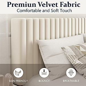 HAOARA Queen Size Platform Bed Frame with Velvet Upholstered Headboard, Queen Bed Frame with Strong Wood Slats, Box Spring Optional, Mattress Foundation, Easy Assembly Beige