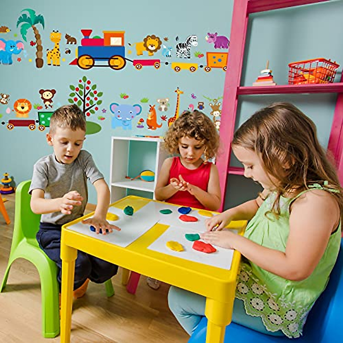 Wall Decals for Kids - Safari Adventure Decorative Peel & Stick Animal Wall Art Sticker for Baby's & Kids Room, Nursery, Classroom, Playroom, and Party Decorations - 55 PCS