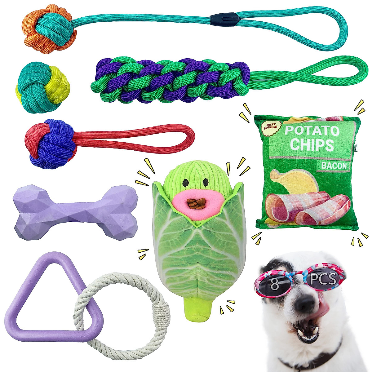 Sysmashing Dog Toys for Aggressive Chewers,8pcs Interaction Toys,tug of war Toys,Hide Food Toys,Indestructible Dog Leash Toys for Small and Medium-Sized Dogs,Safe Materials for Teeth Cleaning