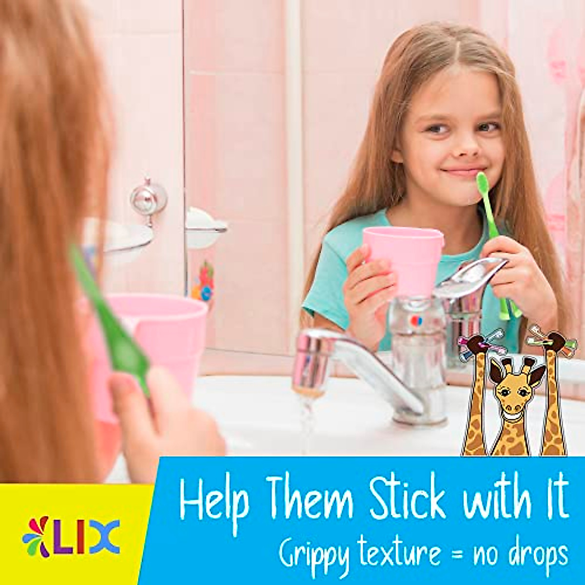 55Dental Kids Toothbrush Set of Soft Giraffe Toothbrush for Kids 3-12. Easy-Grip, Bristle Cover, Self-Standing & Splited Bottom for Cup Rim. by Lix, 4 Colors