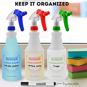 Duracare Plastic Heavy Duty Leak Free Trigger Spray Bottles with Adjustable Nozzle and Measurements - For All Purpose Cleaning Solutions, Plants, Mister, Household and Commercial Use (Set of 3, 24oz)