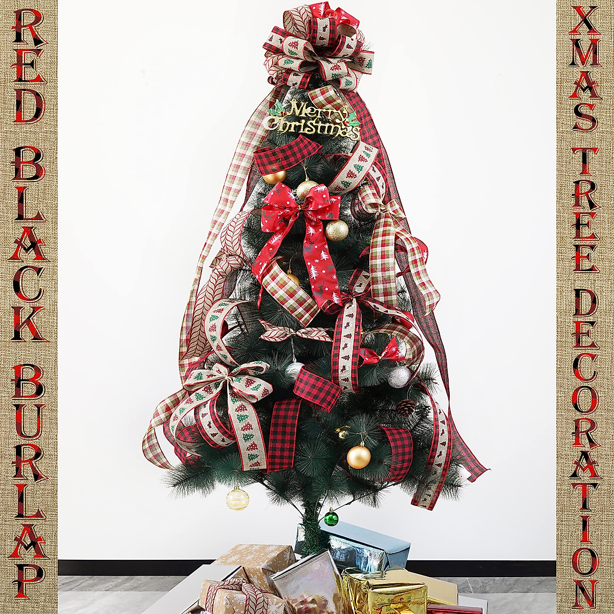 MEEDEE Burlap Wired Ribbon 2.5 Inch 6 Rolls 36 Yards Buffalo Plaid Ribbon for Wreaths, Tree Decorations, Ribbon Garland