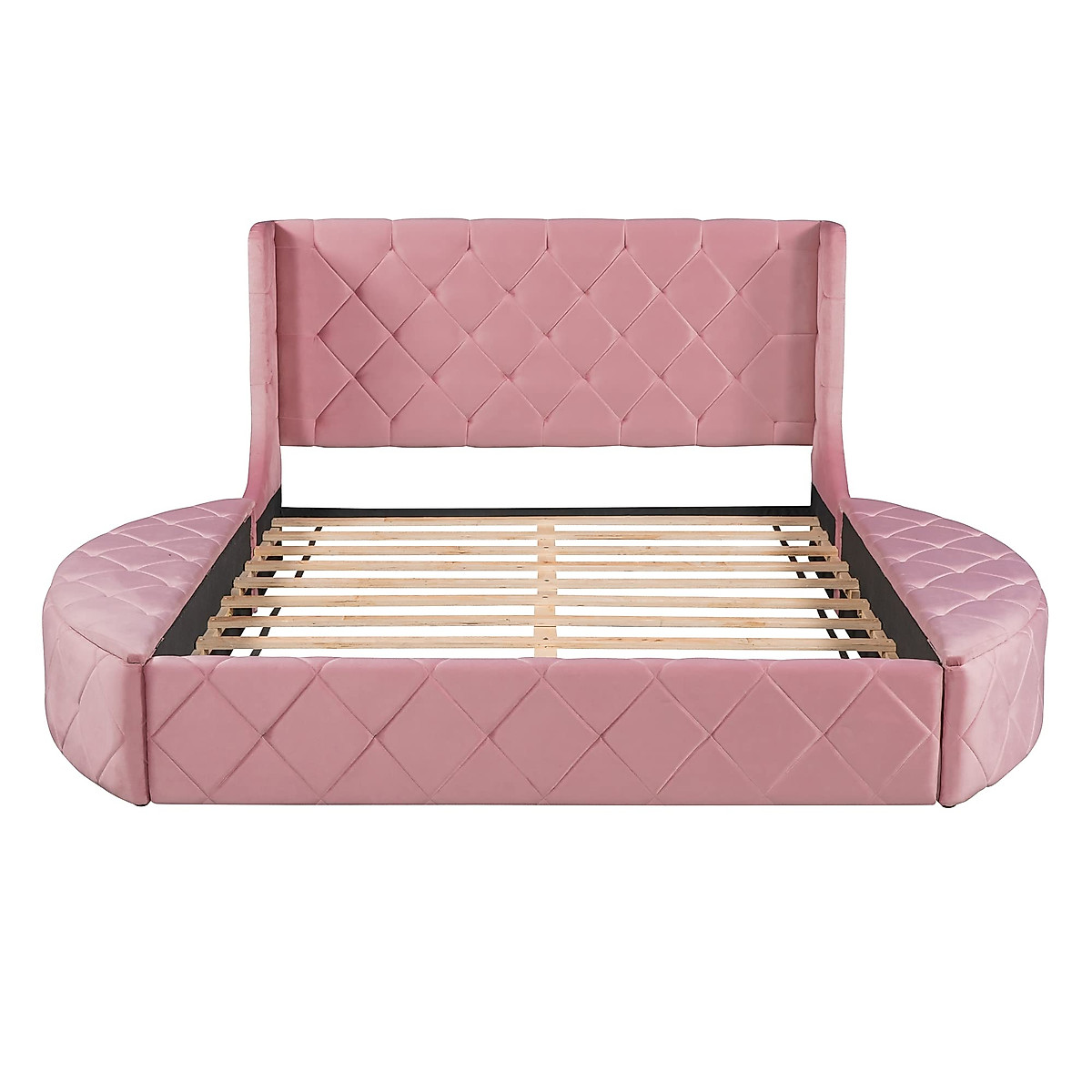 VilroCaz Queen Size Upholstered Platform Bed with Wingback Headboard, Velvet Platform Bed Mattress Foundation with 1 Big Drawer and 2 Side Storage Stool, Strong Wood Slats Support (Pink-S)