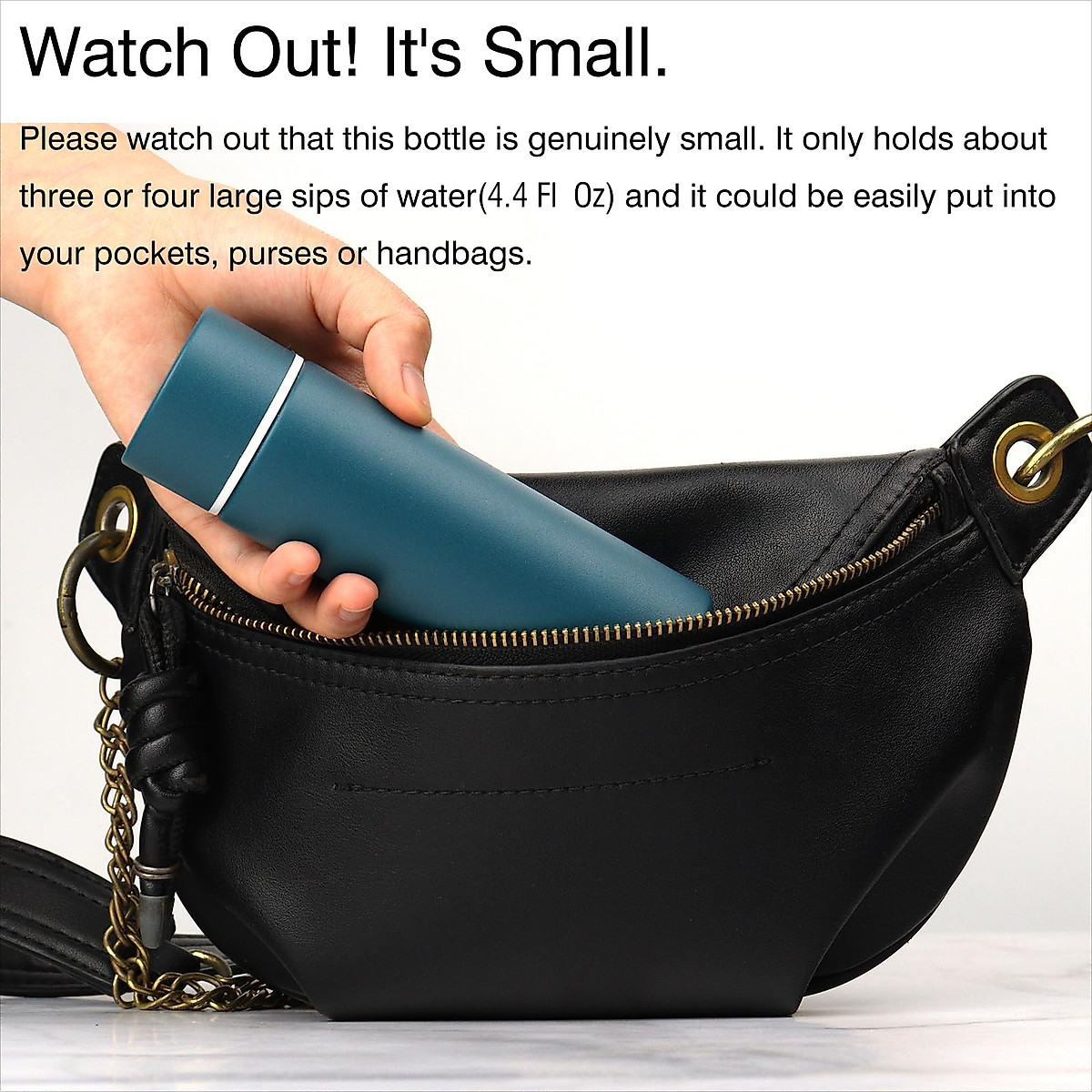 Dxobay Cute Small Water Bottle, 4.4 Fl. Oz, Blue Powder Coated, Mini Slim Flask for Kids, Portable Skinny Purse Water Bottle, Vacuum Insulated Reusable Leak Proof Stainless Steel Hydroflask Thermos