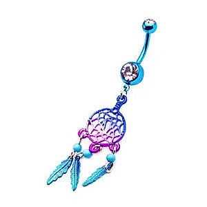 Pierced Owl 14G Stainless Steel CZ Crystal Blue and Purple Ombre Dream Catcher Dangling Belly Button Ring