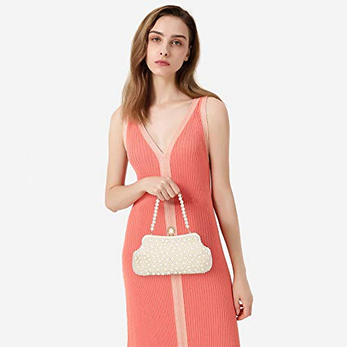 UBORSE Women Pearl Clutch Bead Rhinestone Evening Clutch Bag with removable Pearl Chain Ivory White