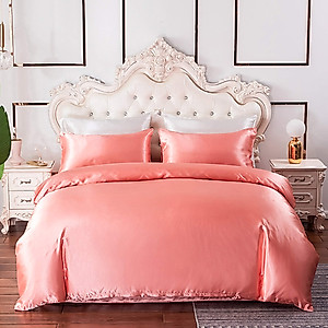Vagasi Pink Duvet Cover Set Queen Size 3 Pieces - Comforter Cover Super Soft with 2 Pillow Shams - Satin Bedding Set Breathable & Smooth with Zipper Closure