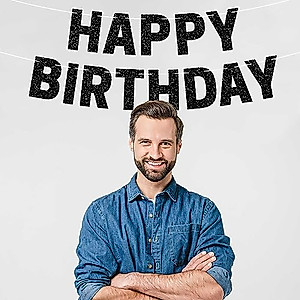 Pre-Strung Happy Birthday Banner - NO DIY - Black Glitter Birthday Party Banner - Pre-Strung Garland on 8 ft Strands - Black Birthday Party Decorations & Decor for Men & Women. Did we mention no DIY