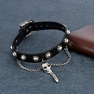 Zysta Unisex Genuine Leather Choker Necklace Adjustable Studed Collar Wide Band Chain Goth Punk Rocker Bold Costume Necklaces Women Gothic Accessory
