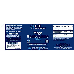 Life Extension Mega Benfotiamine, 250 mg, 180 Veg caps with Thiamine - Vitamin B1 Supplement