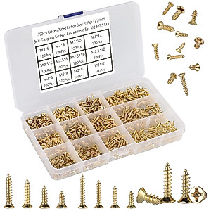 HanTof 1200Pcs Tiny Phillips Flat Head Self Tapping Screws for Wood, Plastic and Soft Metal. M2 M2.5 M3 Small Countersunk Tapper Screws Set for DIY Micro Woodworking Furniture Box. Golden,Carbon Steel