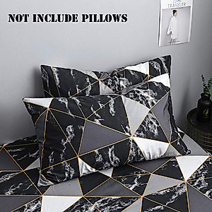 Houseri Queen Comforter Set Black White Grey Geometric Marble Plaid, 3 Pieces All Season Modern Chic Black Gold Line Bedding Sets Queen Size Soft Comfy Women Men Boys Aesthetic Diamond Grid Bed Quilt