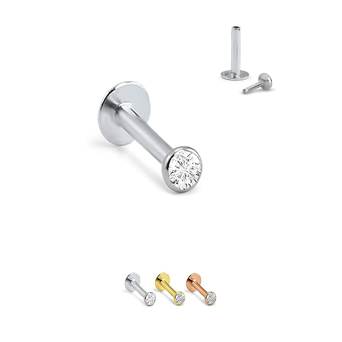 14k Rose Gold Threadless Push Pin Labret Nose Ring Stud 3/16" 5mm Post 3mm Bezel CZ 18G