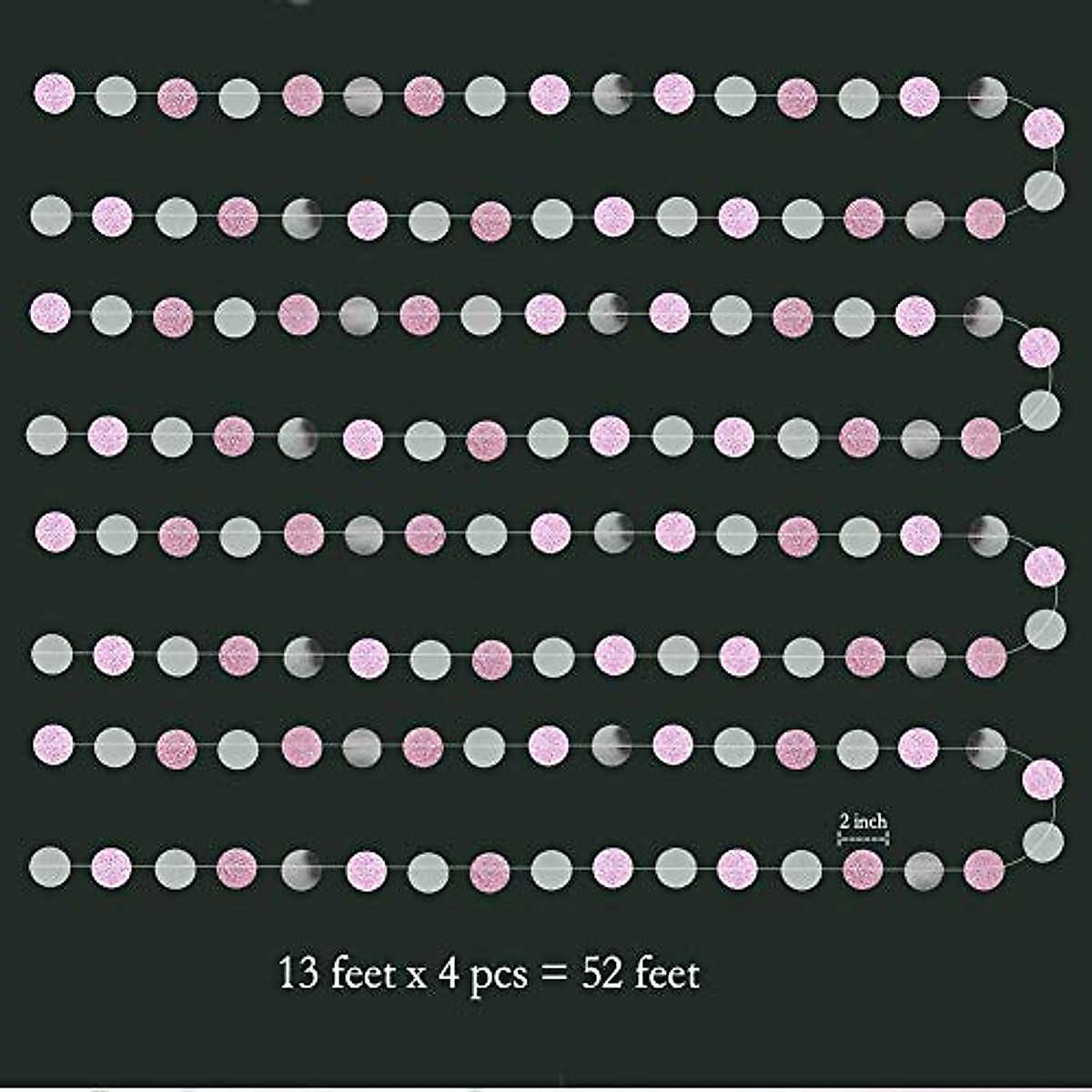 Glitter Silver Pink Circle Dot Garlands Party Decoratoins Polka Dots Streamer/Backdrop/Banner for Girls Birthday/Bday Party Hanging Decor/Bridal Baby Shower/Wedding/Anniversary/Engagement/Sweet 16