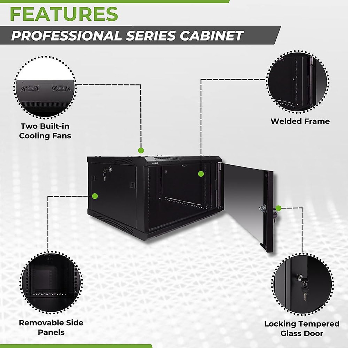 NavePoint 6U Server Rack Enclosure - 23.6” Deep, 6U Wall Mount Network Cabinet with Locking Glass Door for 19” IT Equipment, 6U Network Rack with 2 Fans, Removable Side Panels, Black