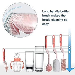 Baby Bottle Brush and Drying Rack, VOOWO Rotating Silicone Bottle Brush with Long Handle, Bottle Drying Rack with Bottle Cleaner Brush & Nipple & Straw Cleaner (Pink Rotating Brush & Drying Rack)