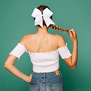 16PCS 8" Large Cheer Hair Bows Ponytail Holder Elastic Band Handmade for Cheerleading Teen Girls College Sports (White, 16 Count (Pack of 1))