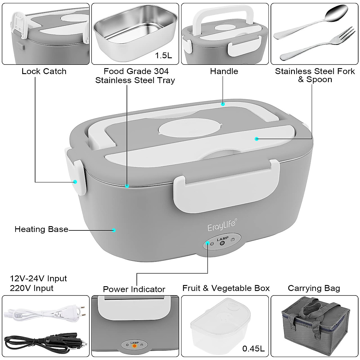 ErayLife Electric Lunch Box Food Heater 75W, Heated Lunch Box for Adults 12V/24V/110V for Car Truck Work, Upgraded Leak Proof Portable Food Warmer Heating Lunch Box 1.5L Stainless Steel Container