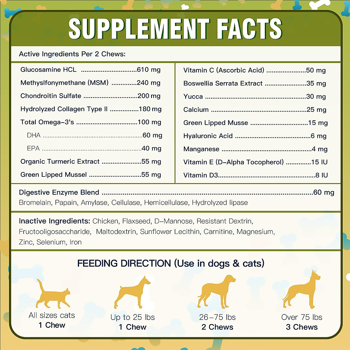 Glucosamine for Dogs, Hip and Joint Supplement for Dogs with Chicken Flavor, Anti Inflammatory, Dog's Chondroitin, Digestive Enzymes, Omega-3, Vitamin D, MSM, Calcium, Turmeric, 120 Freeze-Dried Chews