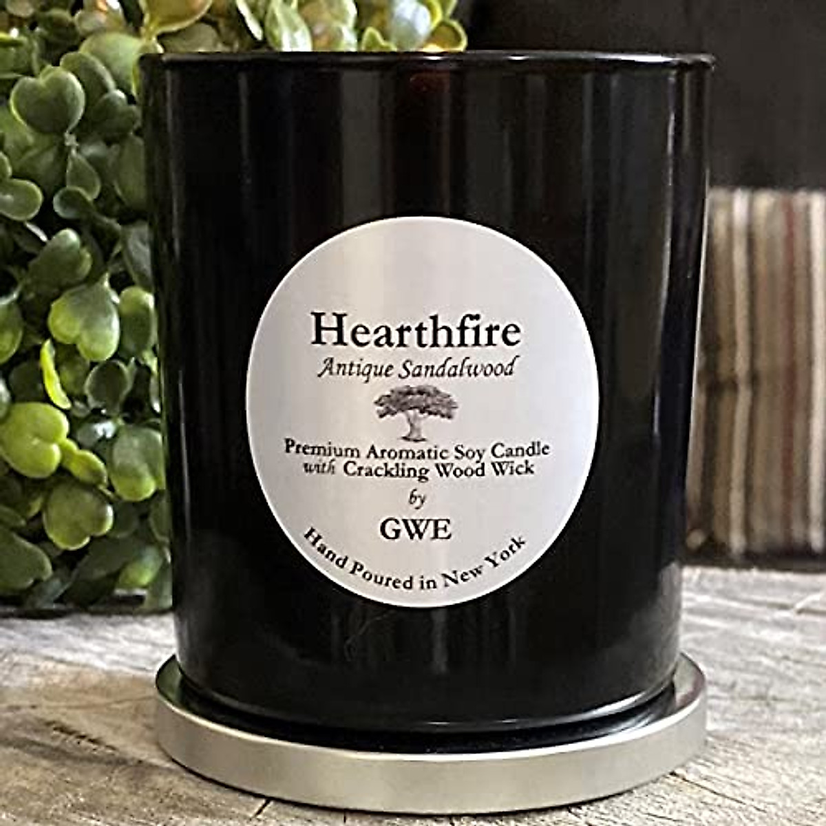 Hearthfire - Sandalwood Scented Soy Candle Infused w/Natural Oils w/ Wood Wick- Dark Sweet Creamy Aromatherapy - Hand Poured in The USA in Glossy Black Jar w/ Lid