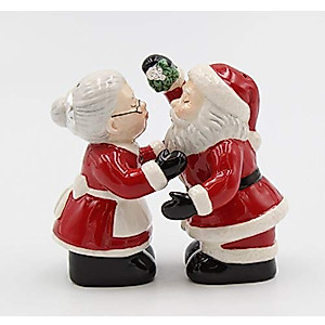 Fine Ceramic Kissing Santa & Mrs. Claus Under the Mistle Salt & Pepper Shakers Set, 3-3/8"