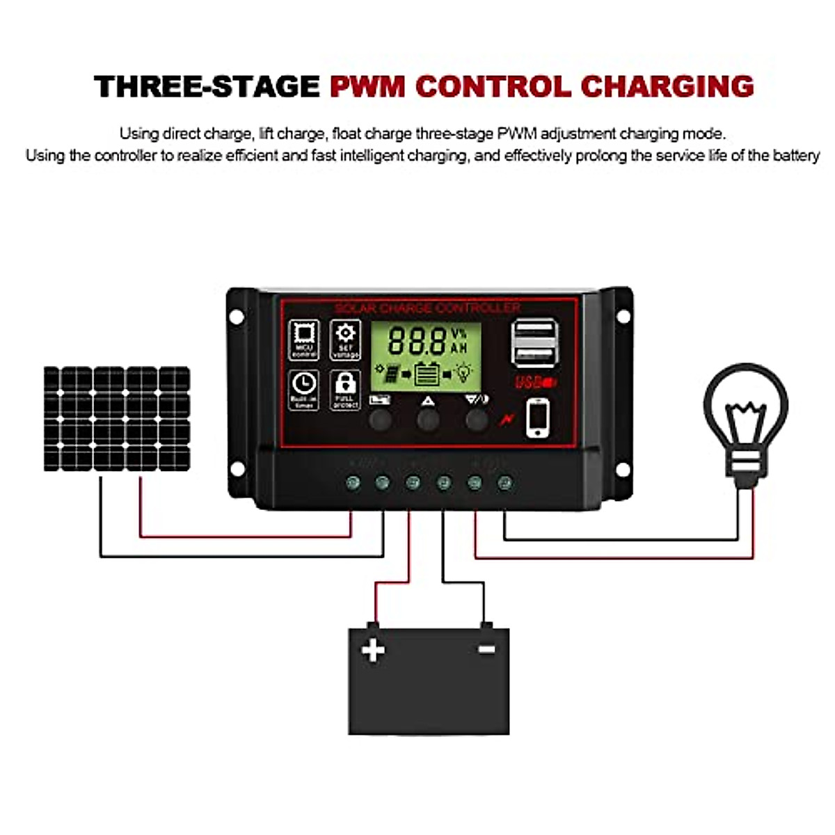 WERCHTAY 60A Solar Charge Controller 12v/ 24v PWM Solar Panel Charge Controller Intelligent Regulator with 5v Dual USB Port Display Adjustable Parameter LCD Display and Timer Setting ON/Off Hours