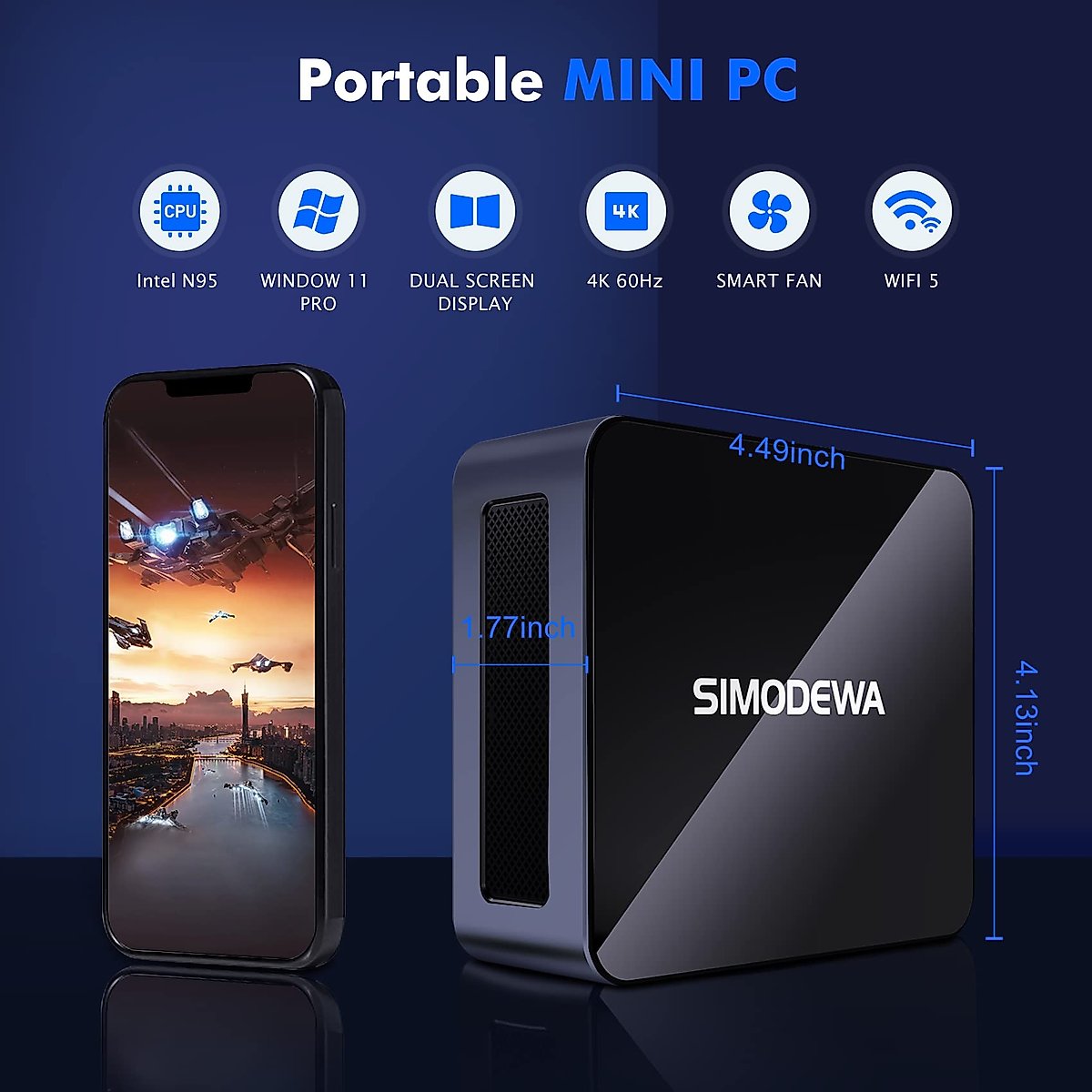 SIMODEWA Mini PC - 12TH Intel Alder Lake - N N95 up to 3.4 GHz, 16GB DDR4/512GB NVMe SSD, Windows 11 Pro, 4K Display Dual HDMI, USB 3.0 * 4, WiFi 5 BT 4.2 for Office and Home Using