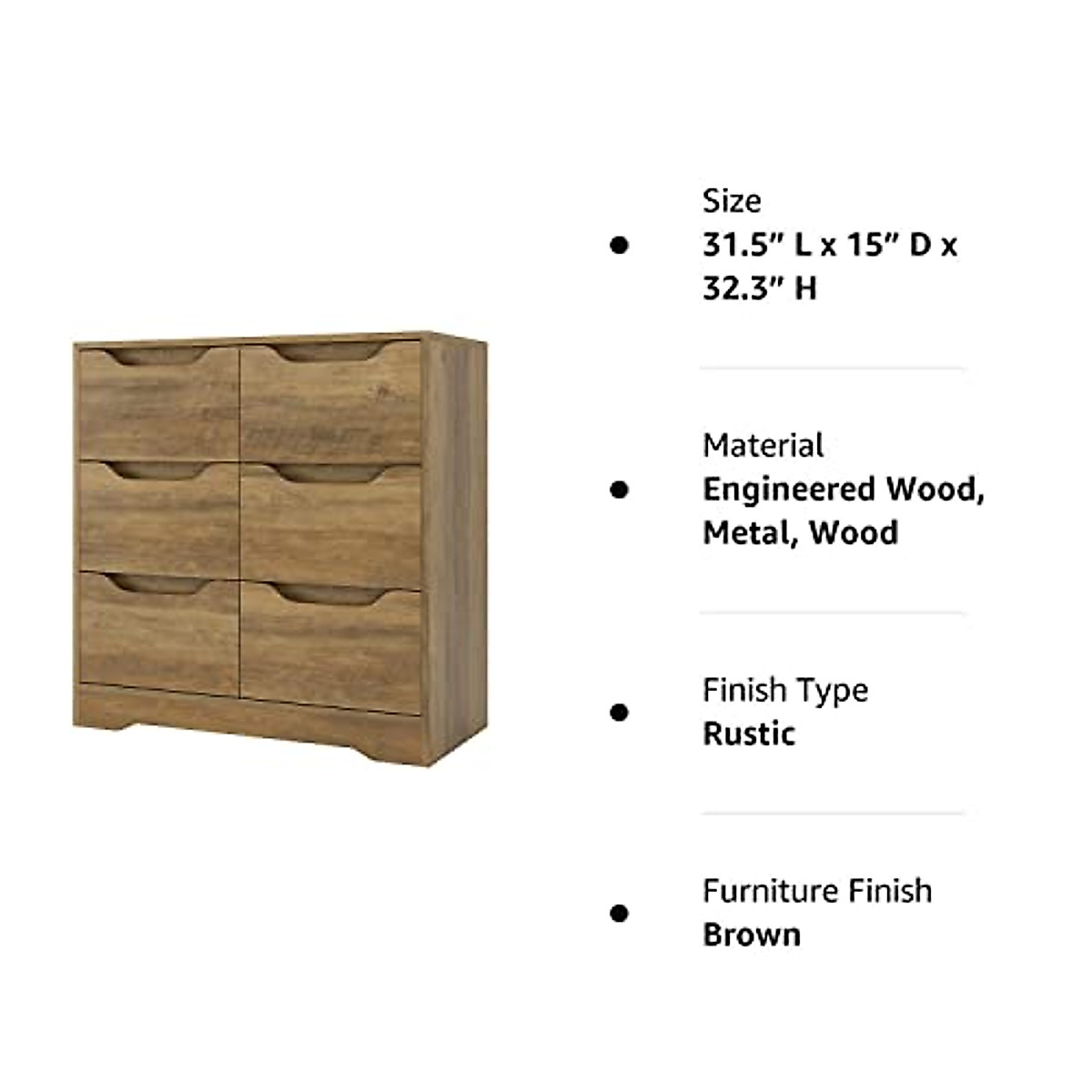 URKNO Modern 6 Drawer Dresser, Double Chest of Drawers with Storage, 3+3 Clothing Organizer with Cut-Out Handle, Dresser Chest, Wood Storage Cabinet for Living Room, Bedroom, Hallway, Rustic Brown