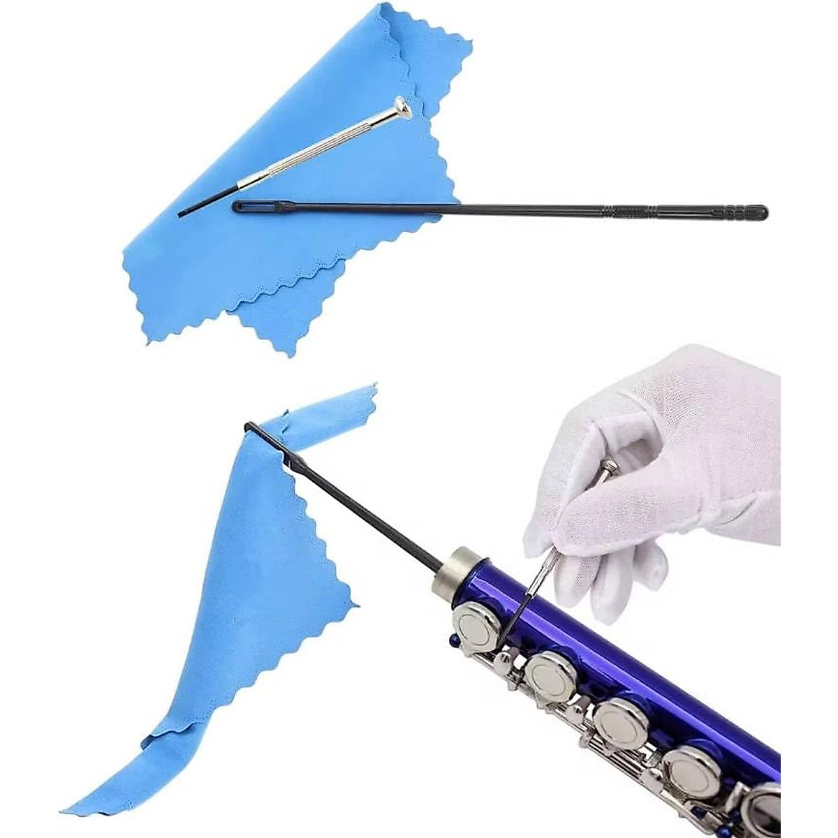 Flute Cleaning Kit Include 1pc Cotton Cleaning Brush, Flute Swab, Double-End Dust Brush,Flute Cleaning Rod, Screwdriver for Flute Repairing,Cork Grease, a Pair Cotton Gloves, 1pc Flute Cleaning Cloth