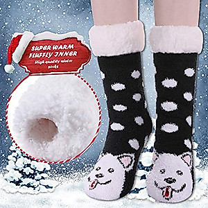 DYW Women Winter Thick Slipper Socks with Grippers Non Slip Warm Fleece Lining Fluffy Fuzzy Socks Christmas Gifts (Dog B)