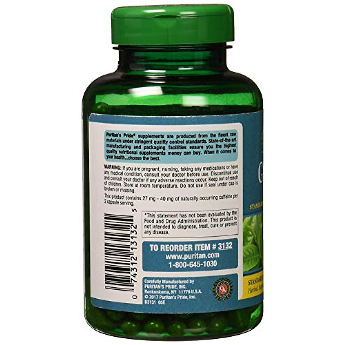 Puritans Pride Green Tea Standardized Extract 315 Mg Capsules, 200 Count