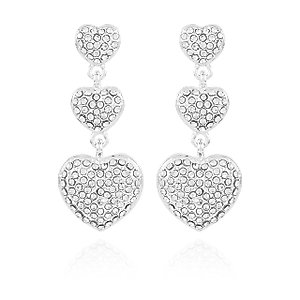 GUESS Silvertone Triple Pave Crystal Glass Stone Heart Linear Dangle Drop Earrings