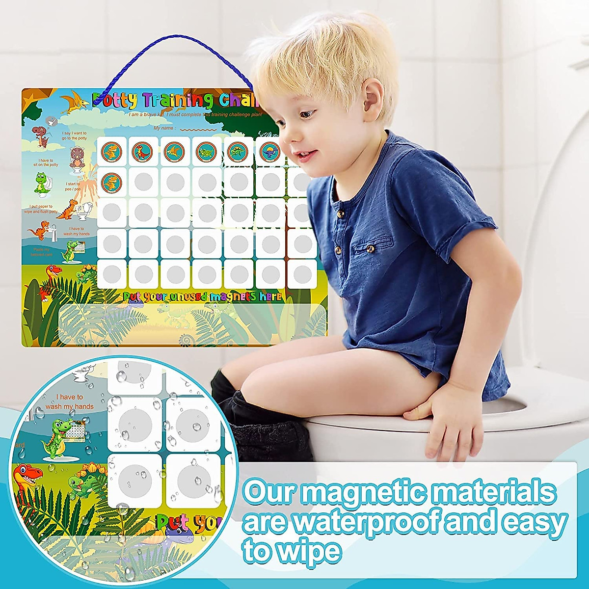 Potty Trainning Chart for Toddlers Fun Kids Toilet Incentives Sticker with 35Pcs Dino Potty Magnetic Reward Stickers