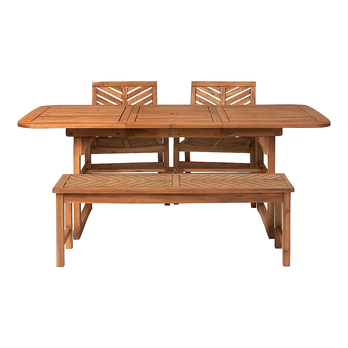 Walker Edison 6-8 Person Outdoor Wood Chevron Patio Furniture Dining Set Extendable Table Chairs Bench All Weather Backyard Conversation Garden Poolside Balcony, 4 Piece, Brown