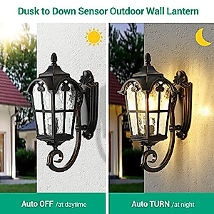 EDISHINE Dusk to Dawn Outdoor Wall Light, 17" Exterior Light Fixture Wall Lantern, Black Roman Porch Light Wall Lamp with Water Ripple Glass, Waterproof Wall Mount Sconce for Porch, Garage, Patio