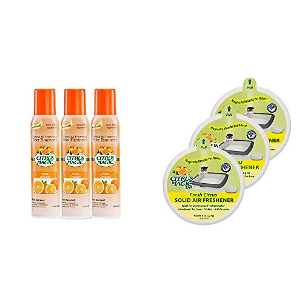 Citrus Magic Natural Odor Eliminating Air Freshener Fresh Orange, Pack of 3, 3-Ounces Each & Magic Pet Odor Absorbing Solid Air Freshener, Pack of 3, 8-Ounces Each