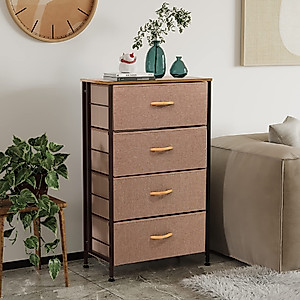 WAYTRIM Dresser Storage Tower, 4 Fabric Organizer Drawers, Wide Chest of Drawers for Closet Boys & Girls Bedroom, Bedside Furniture, Steel Frame, Wood Top, Fabric Bins, Easy Installation (Brown)