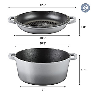 5.5 Quart Enameled Cast Iron Dutch Oven, 2-In-1 Enamel Dutch Oven Pot with Skillet Lid for Grill, Stovetop, Induction (Gradient Grey)