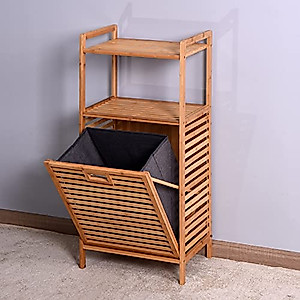 Floor Stand Bamboo Laundry Hamper Cabinet Organizer， Bathroom Storage Shelf Cabinet with Tilt Out Laundry Basket Dirty Clothes Bag for Laundry Room Bathroom Bedroom Closet