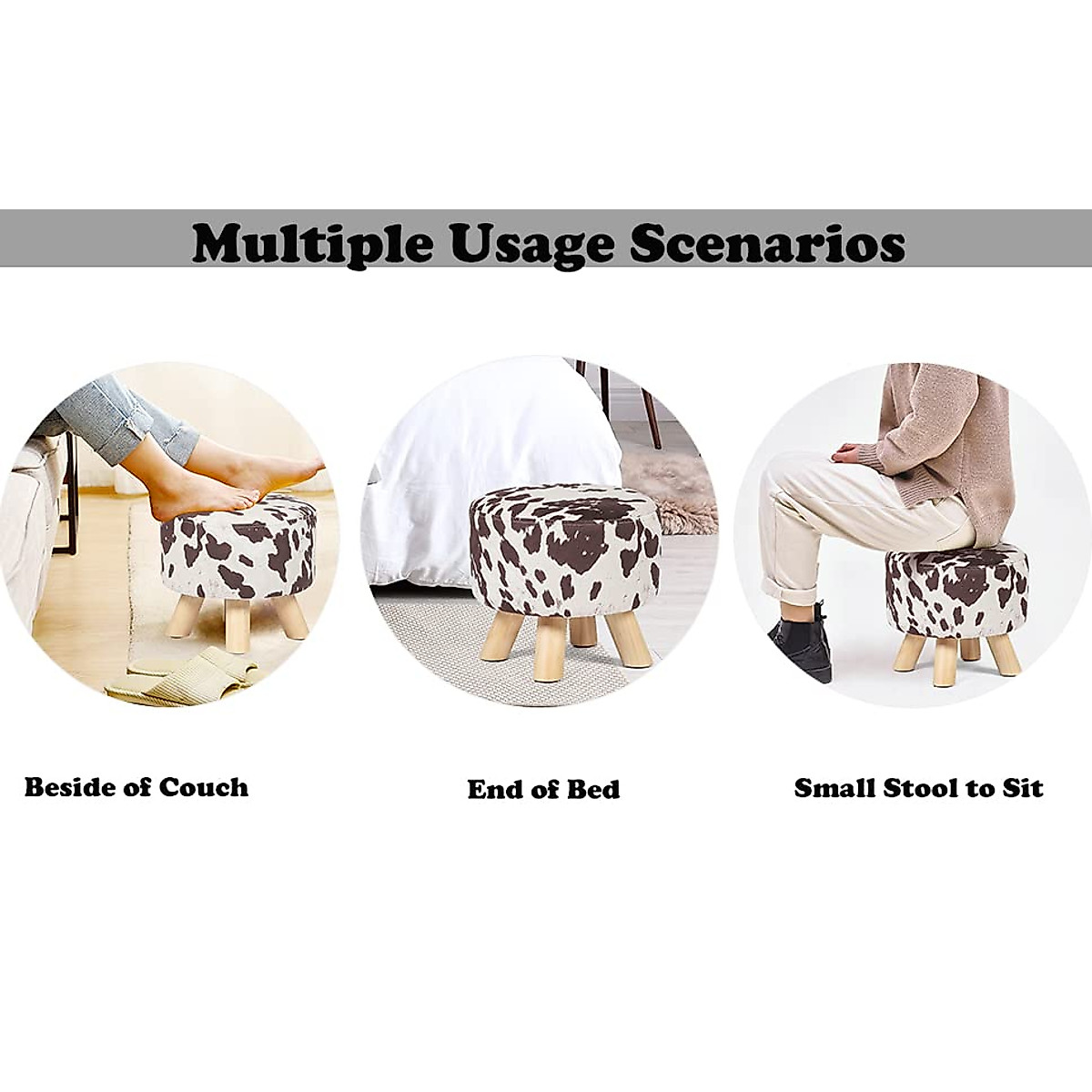 Homebeez Round Ottoman Stool Velvet Foot Rest, Small Footstool with Non-Skid Legs (Brown Cow)