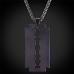 U7 Punk Jewelry Edgy Necklace with Black Wheat Rope Chain Ion Plating Black Men Razor Blade Pendant