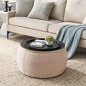Kakotito Modern Round Storage Ottoman with Wooden Lid,Circle Ottoman Handmade Ottoman Coffee Table,End Table & Footstool for Living Room (Pink)
