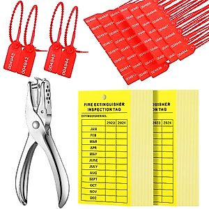 101 Pieces Monthly Fire Extinguisher Inspection Tags 2023 Maintenance Tags and Plastic Tamper Seals Numbered Security Tags with Handheld Hole Puncher (Red, Yellow, 4.33 x 2.13 Inch)