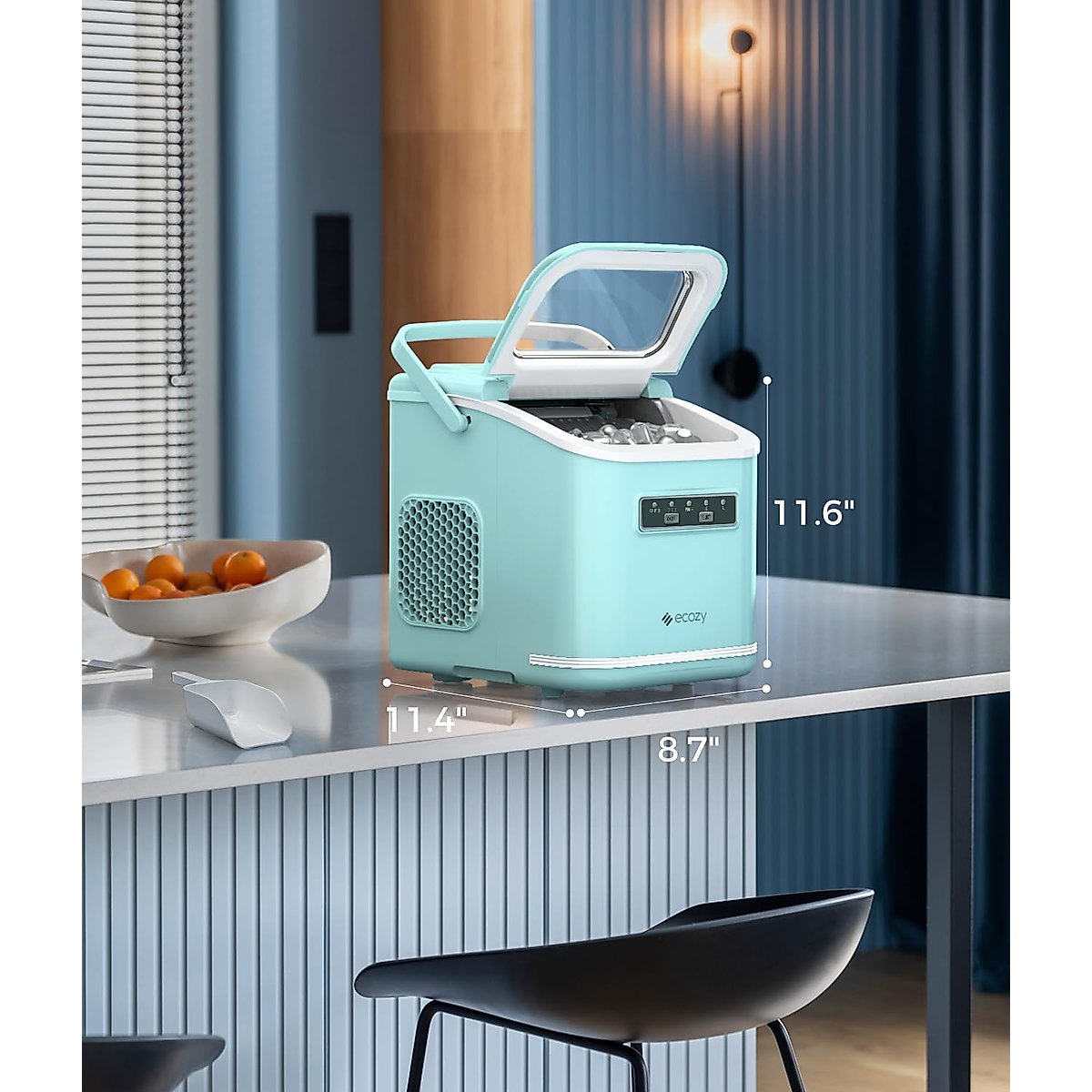 ecozy Countertop Ice Maker, Portable Ice Maker with Self-Cleaning, 9 Bullet Ice Cubes in 6 Mins, 26lbs/24Hrs, Ice Maker Machine with Ice Bags, Handle, Standing Scoop and Basket, Green
